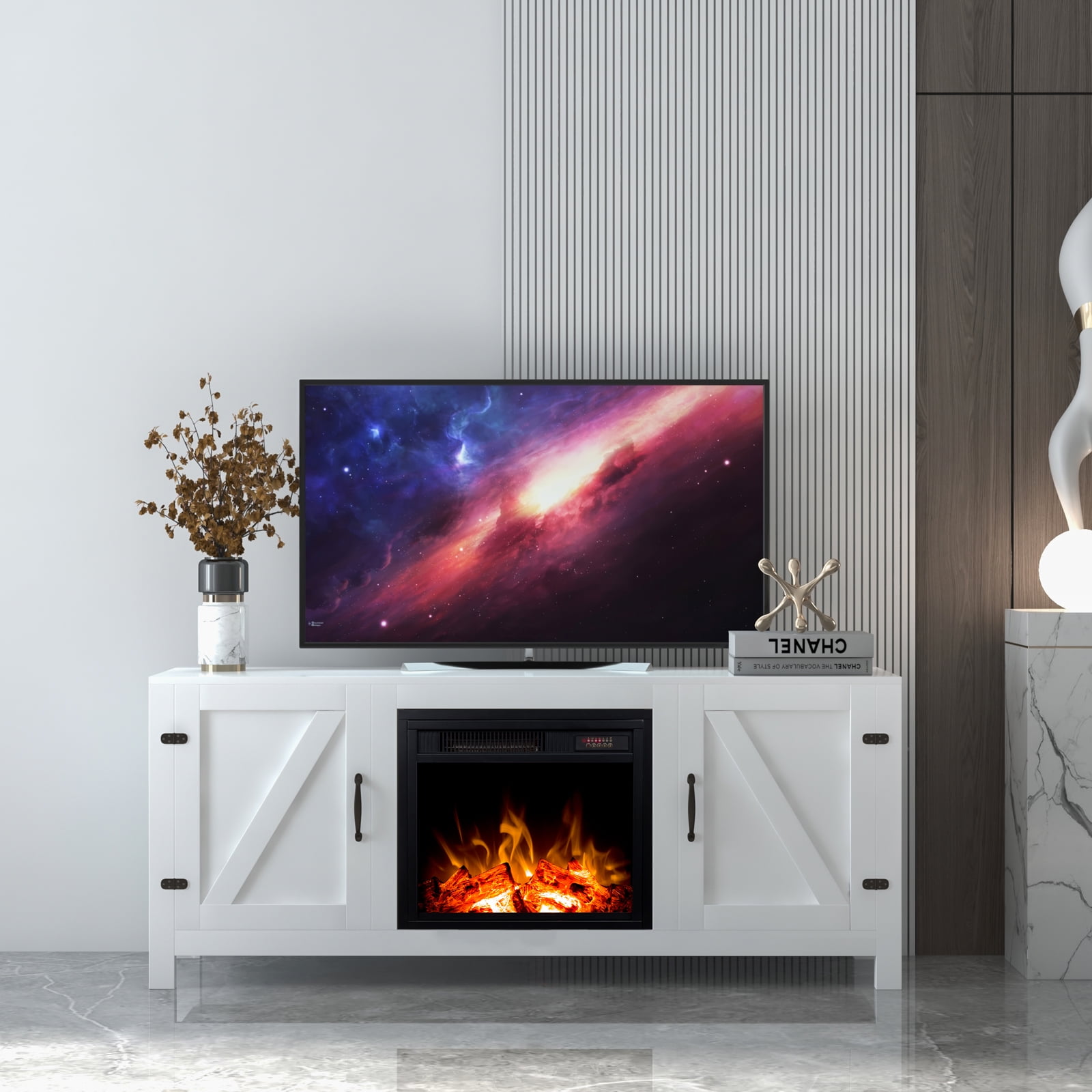 TV Stand with Fireplace, Wood Electric Fireplace TV Stand with Remote ...