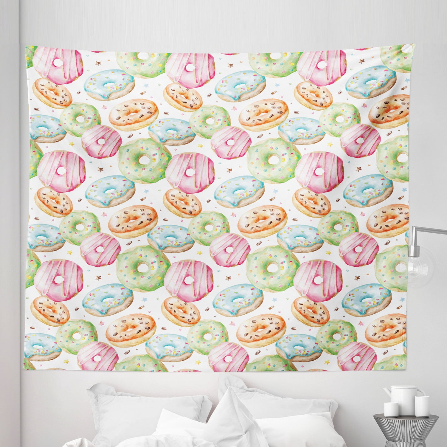 Colorful Tapestry, Delicious Watercolor Pattern with Doughnuts Hand ...