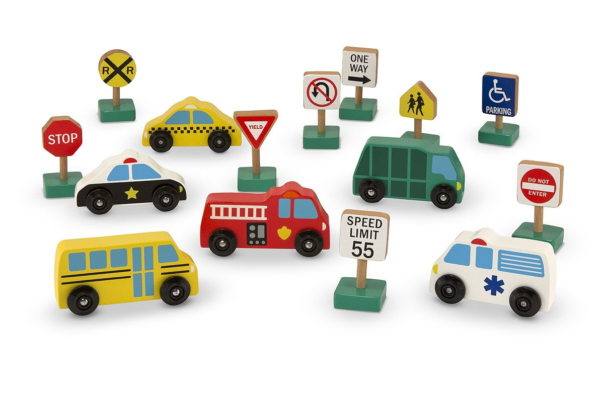Melissa & Doug Wooden Vehicles and Traffic Signs With 6 Cars and 9 Signs