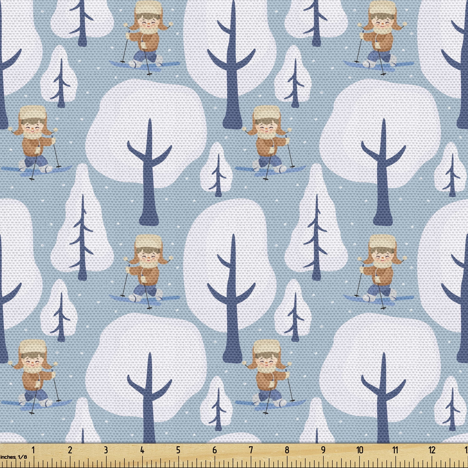 Ski Pattern Fabric by the Yard, Cartoonish Pattern of Skiing Happy ...