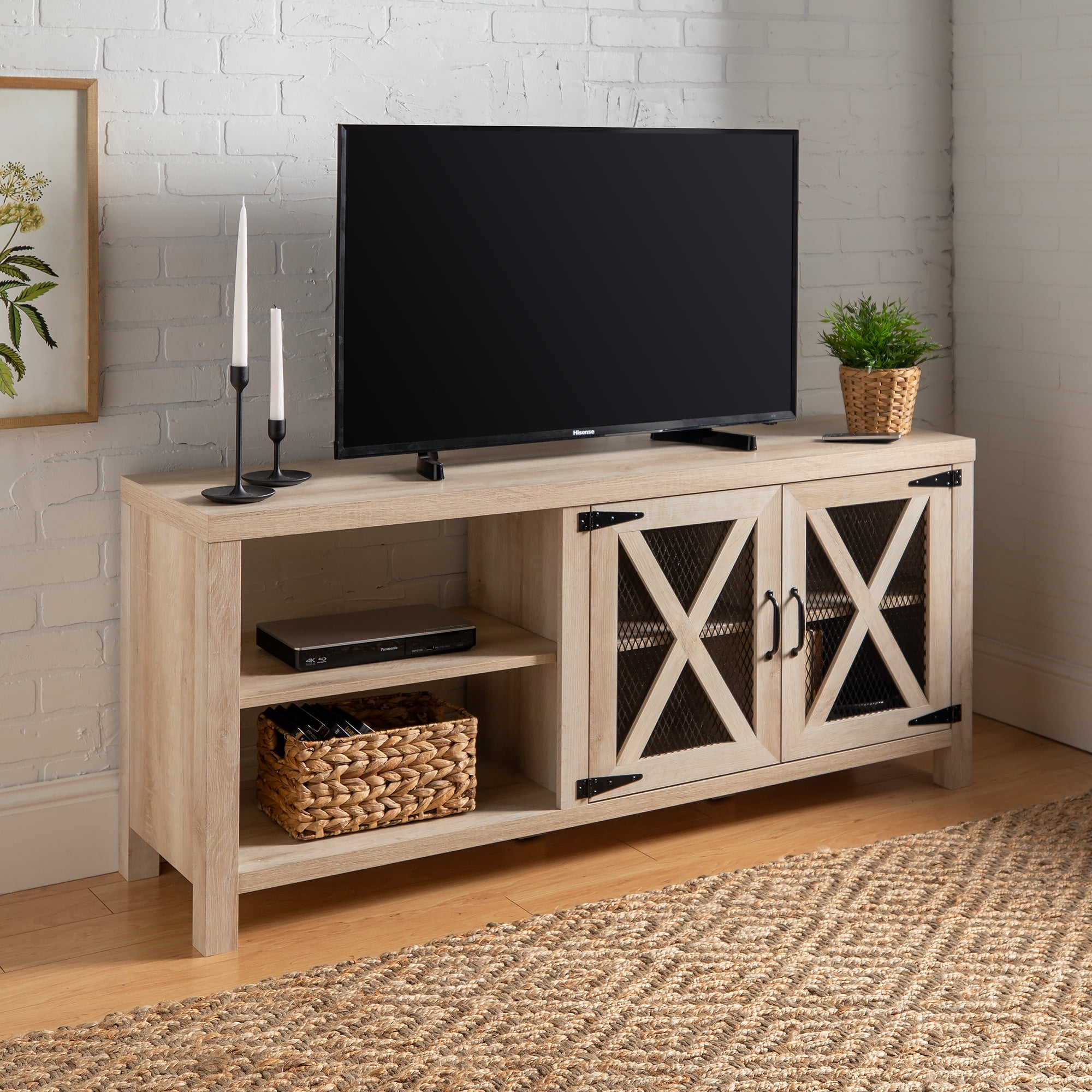 Farmhouse Metal Mesh Door TV Stand for TVs up to 65", White Oak ...