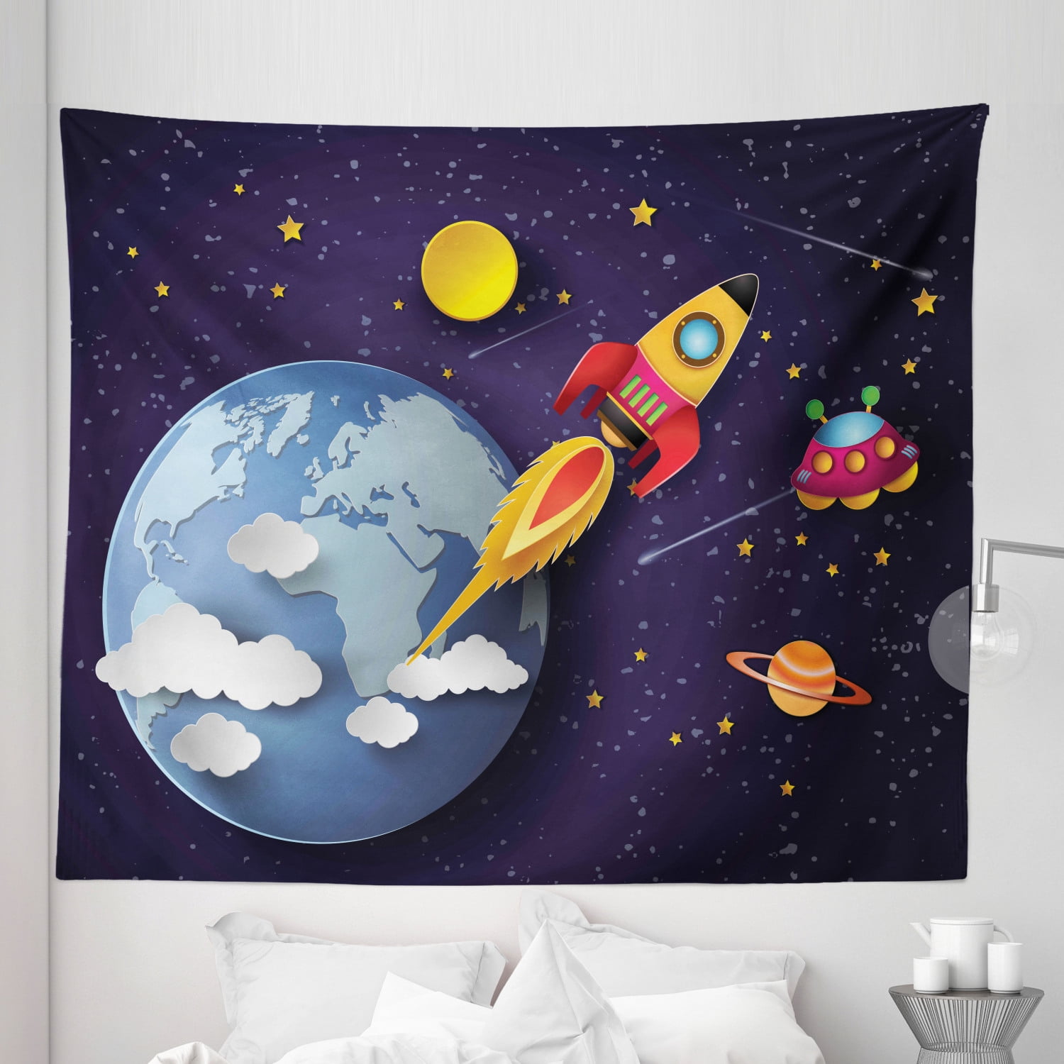 Space Tapestry, Rocket on Planetary System Earth Stars Ufo Saturn Sun ...