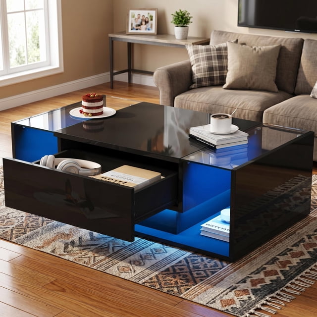 Homy Casa, Black LED Coffee Table with Glass Sides, 1 Drawer and App ...