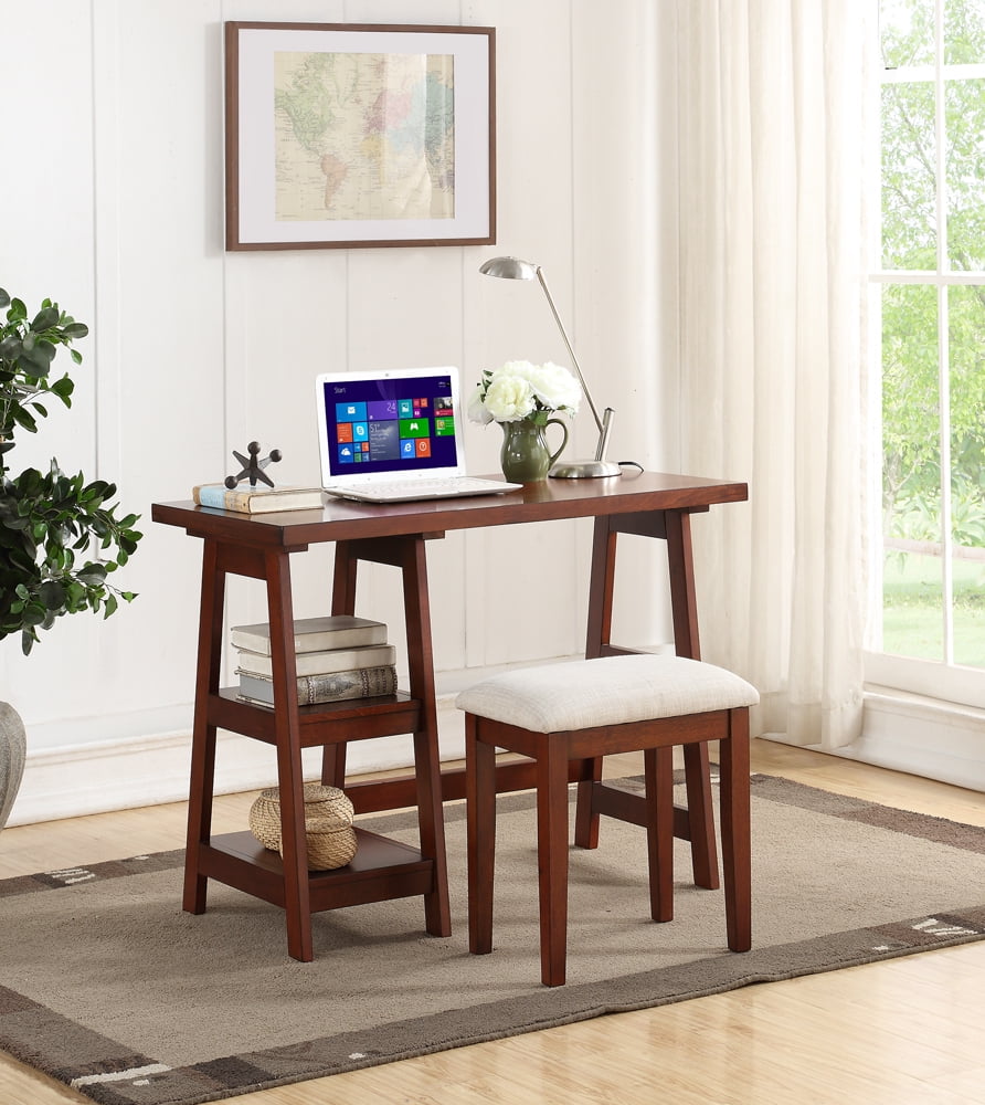 Wooden Writing Desk With 2 Side Shelves And Stool Cherry Brown ...