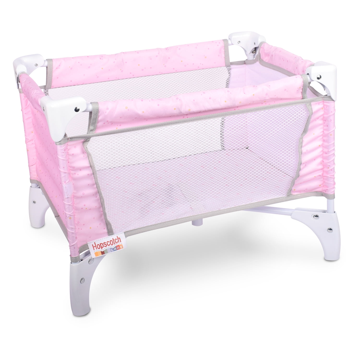 Free Shipping Starlights Metal Doll Crib with Canopy Bedding Storage and LED Lights Pink White Stars Walmart