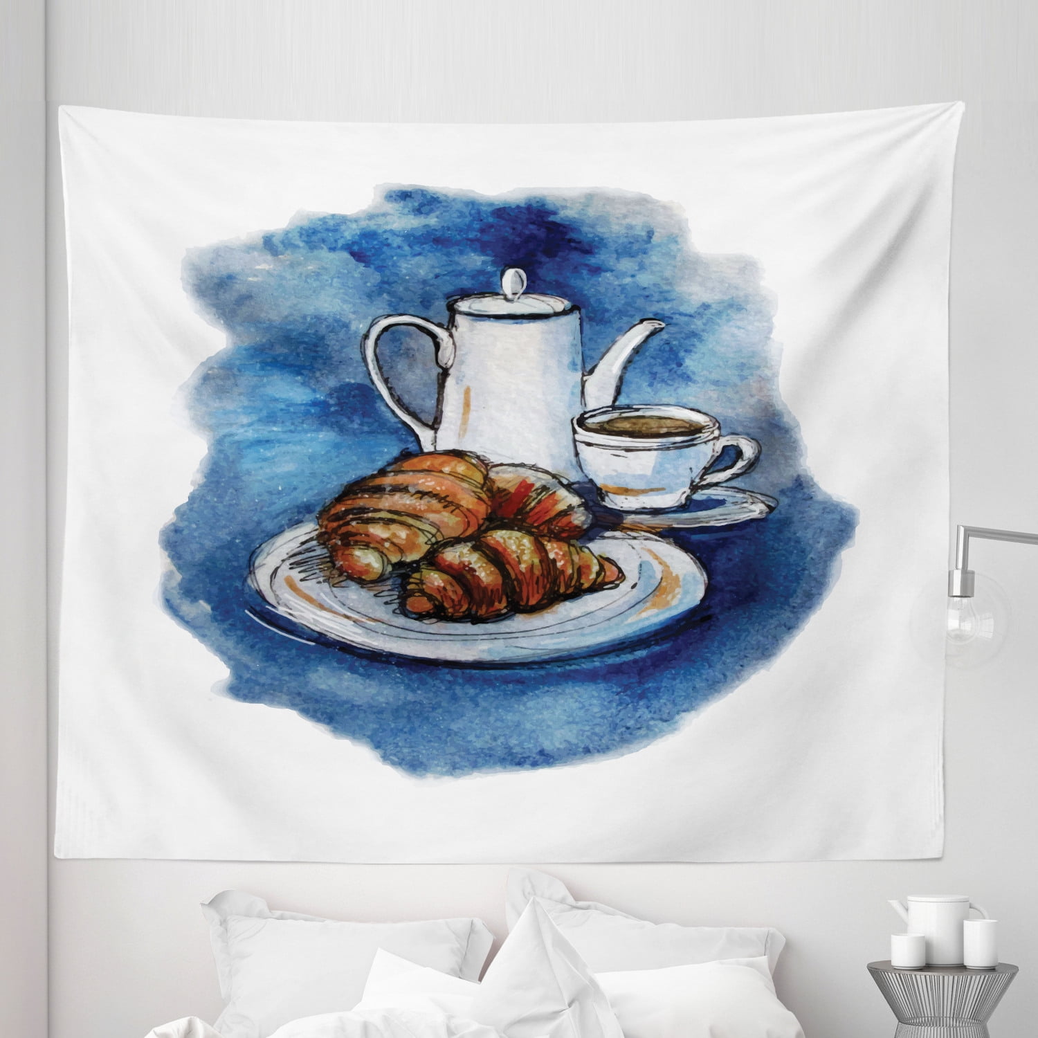 French Cafe Tapestry, Watercolor Style Hot Coffee Pot Cup and ...
