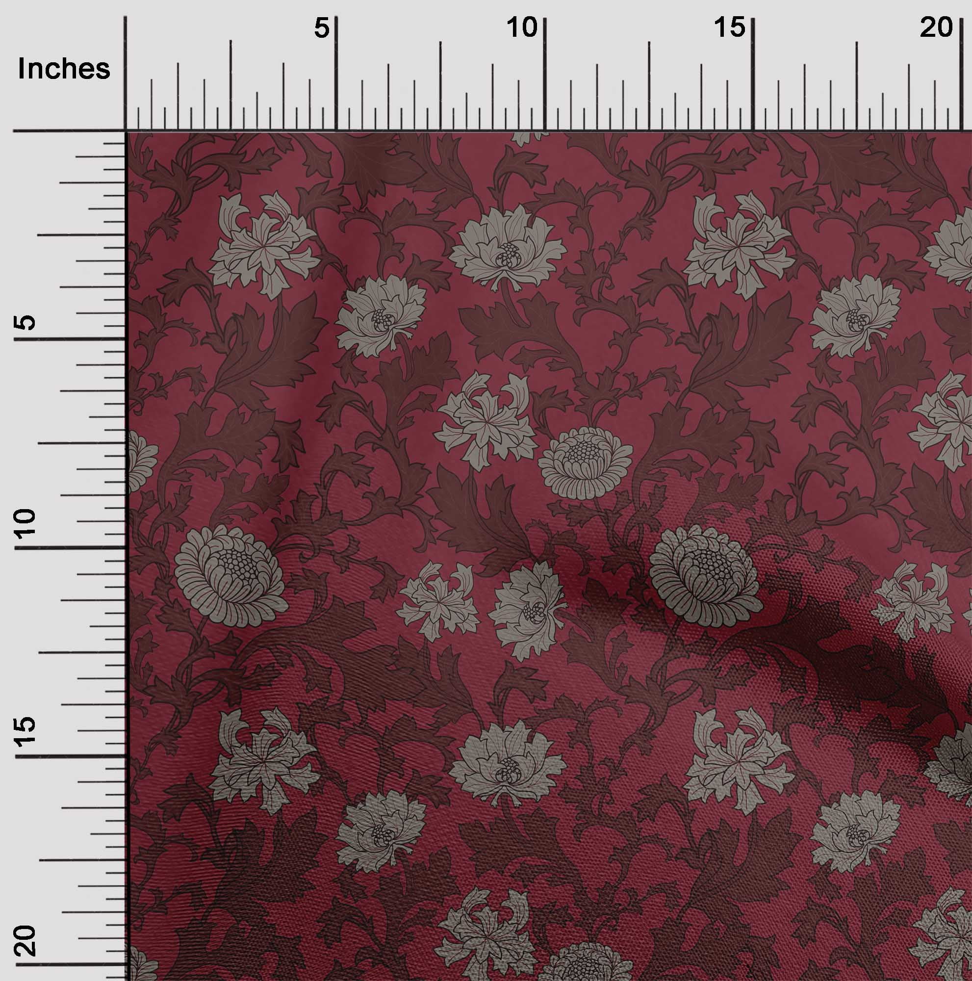 oneOone Cotton Silk Bright Crimson Red Fabric Leaves & Floral Artistic ...