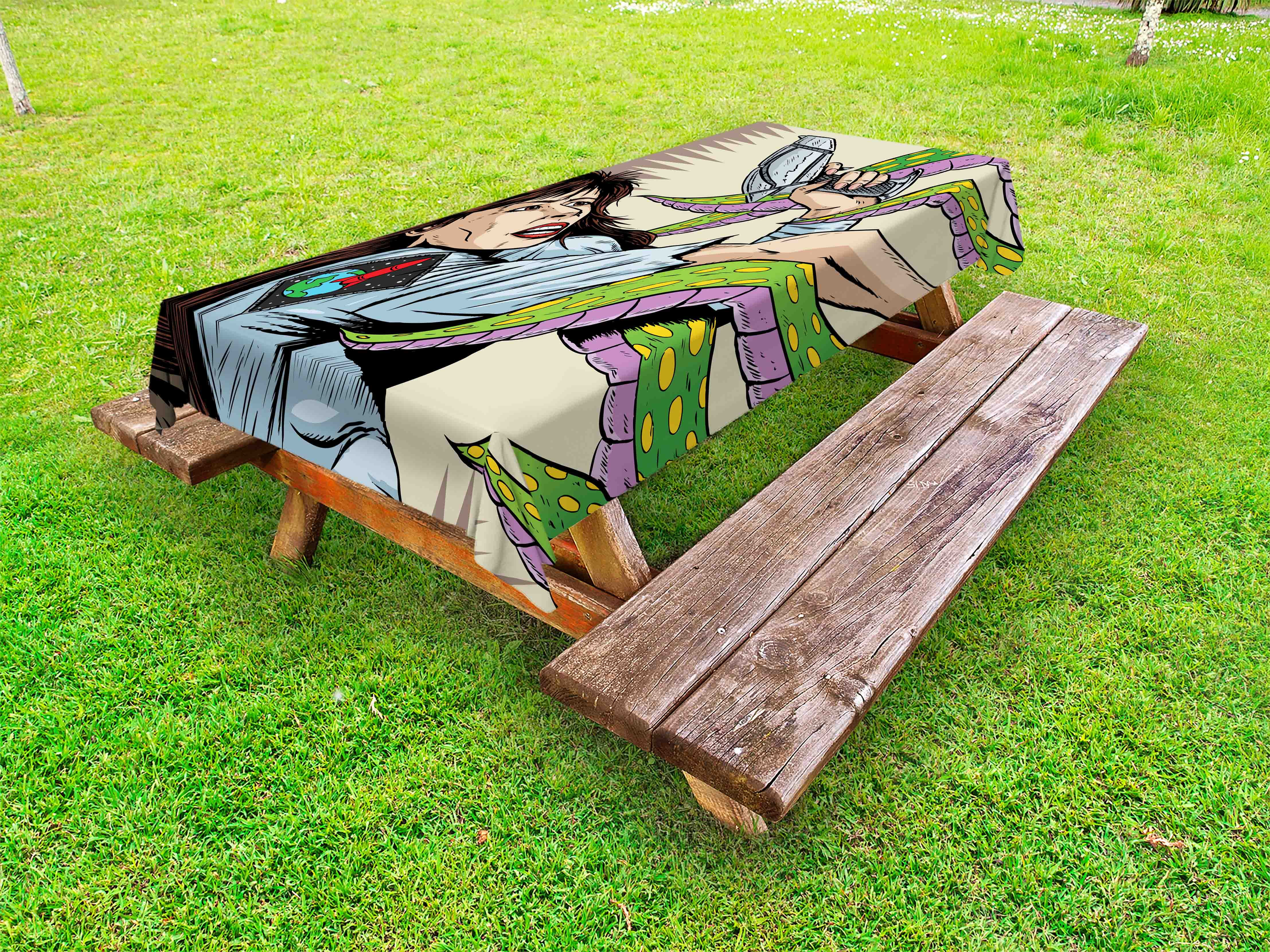 Outer Space Outdoor Tablecloth, Alien Attacks Terrified Uniform Woman ...