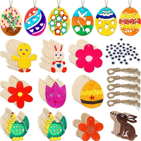 168 Pieces Easter Crafts Wooden Embellishments Set 60 Unfinished Wood ...
