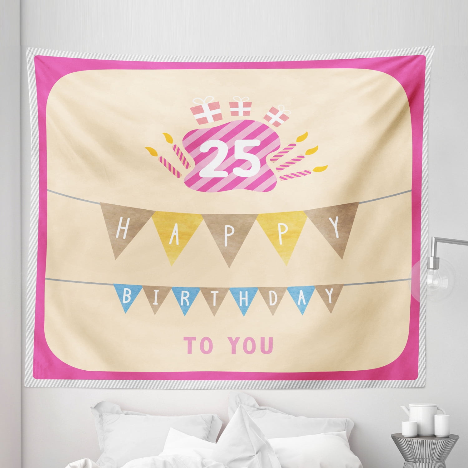 Colorful Tapestry, Pink Framework Flags Letters Burning Candlesticks ...