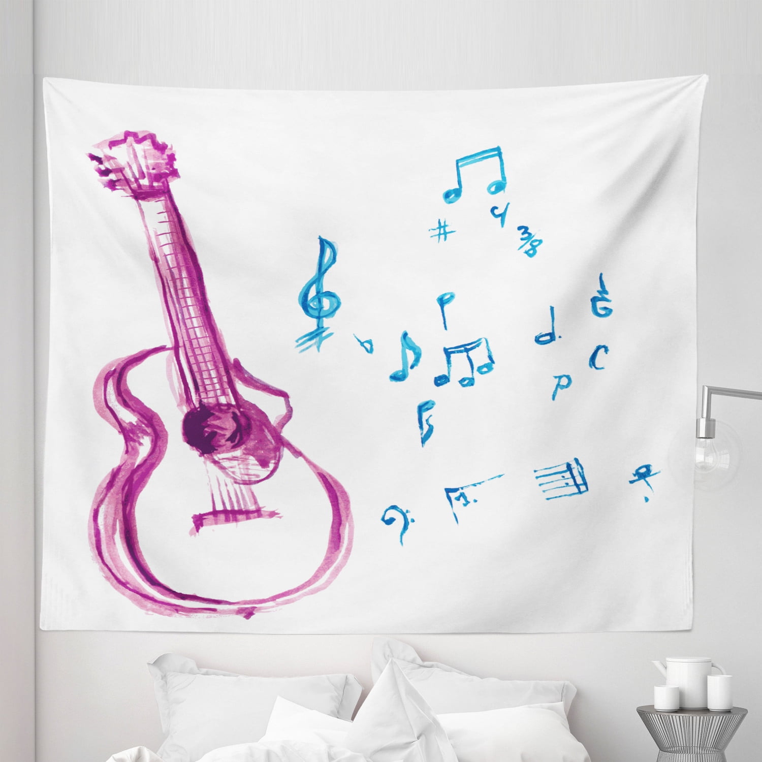 Guitar Tapestry, Watercolor Musical Instrument with Notes Sheet ...