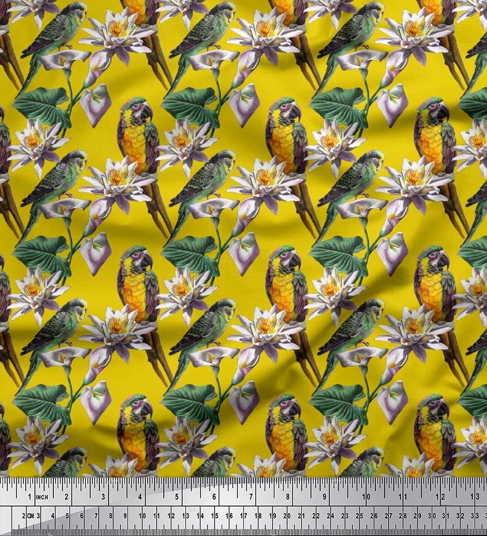 Soimoi Velvet Fabric Macaw Parrot,Leaves & Waterlily Floral Printed ...