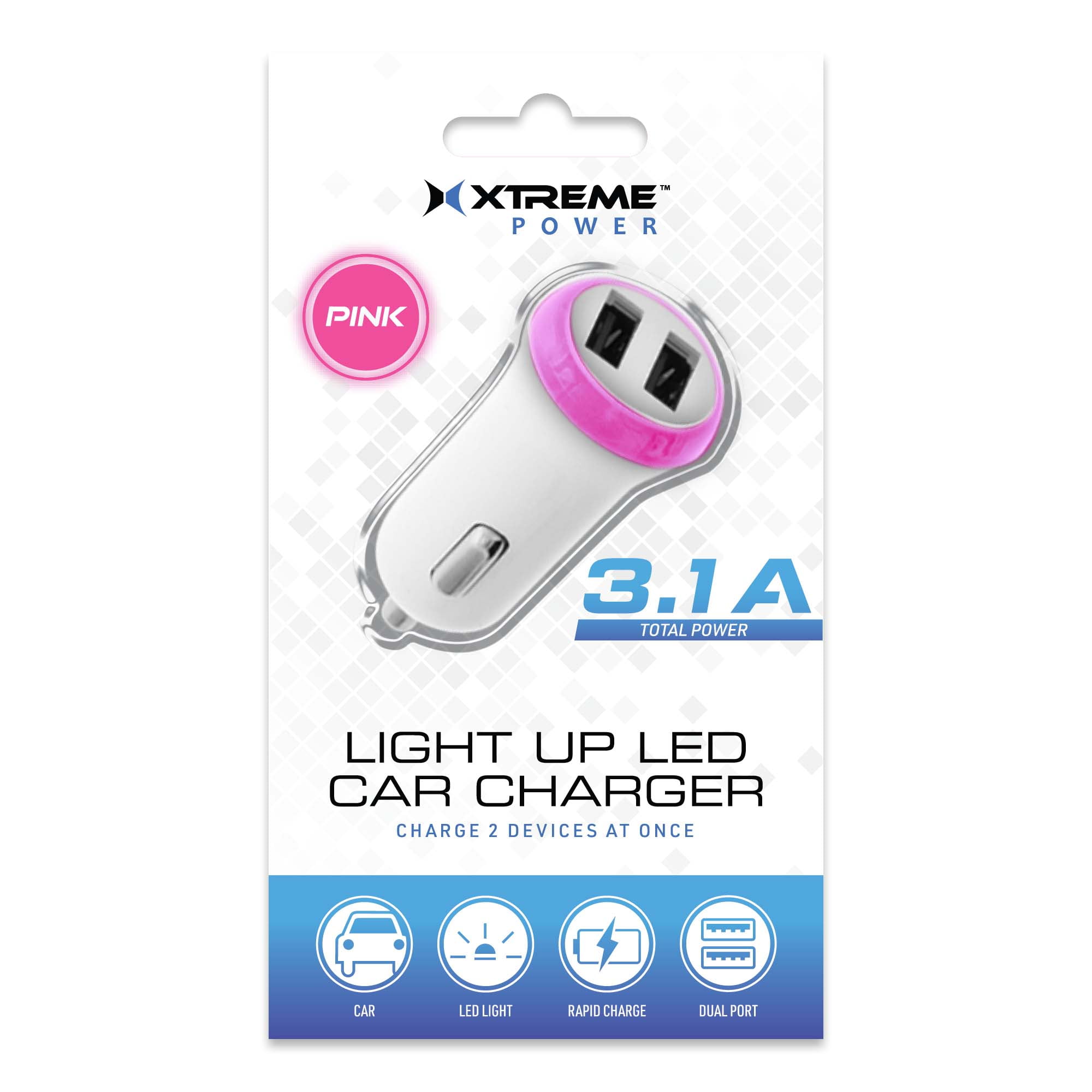 Xtreme Dual Port USB LED Pink Light Car Charger, 3.1 Amps, Repower ...