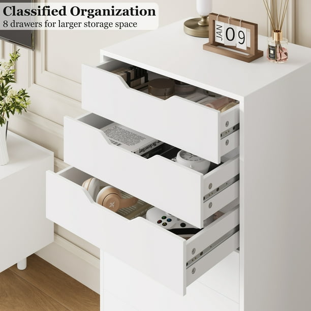Homfa Vertical 8 Drawer Dresser 44.5 H Modern Drawers Dresser for Bedroom Living Room White