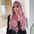 RightOn Long Pink Wig for Women Long Curly Wavy Pink Wig with Bangs ...