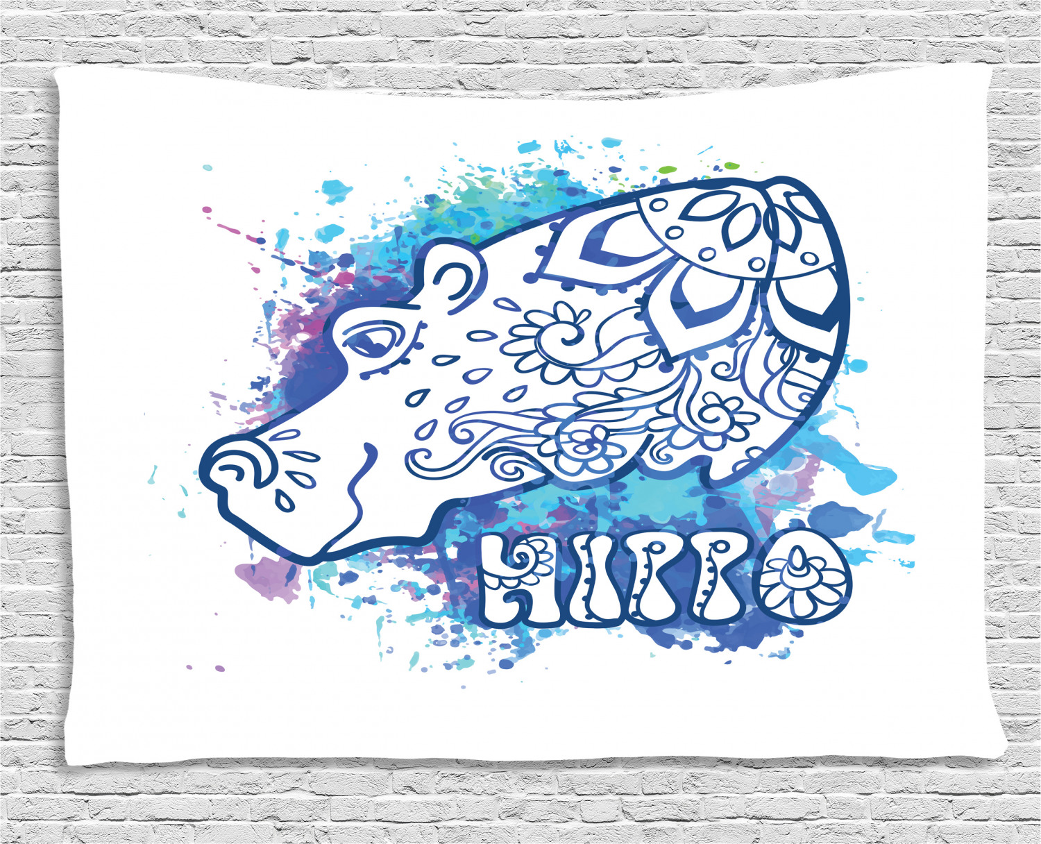 Hippo Tapestry, Bohemian Hippie Style Word and Hippo Head Shape ...
