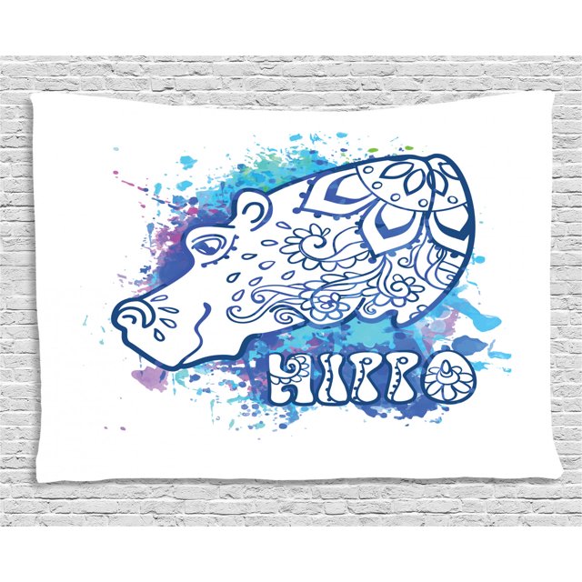 Hippo Tapestry, Bohemian Hippie Style Word and Hippo Head Shape ...