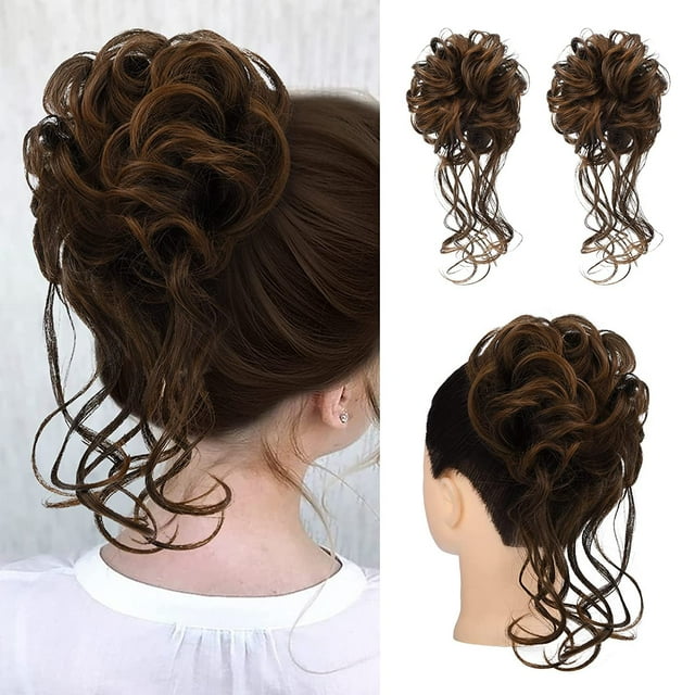 Messy Bun Hair Piece, 2PCS Tousled Updo with Tendrils Hair Bun ...