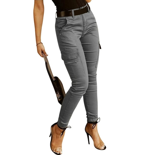 Starvnc Women Low Waisted Multi Pockets Solid Color Cargo Pants