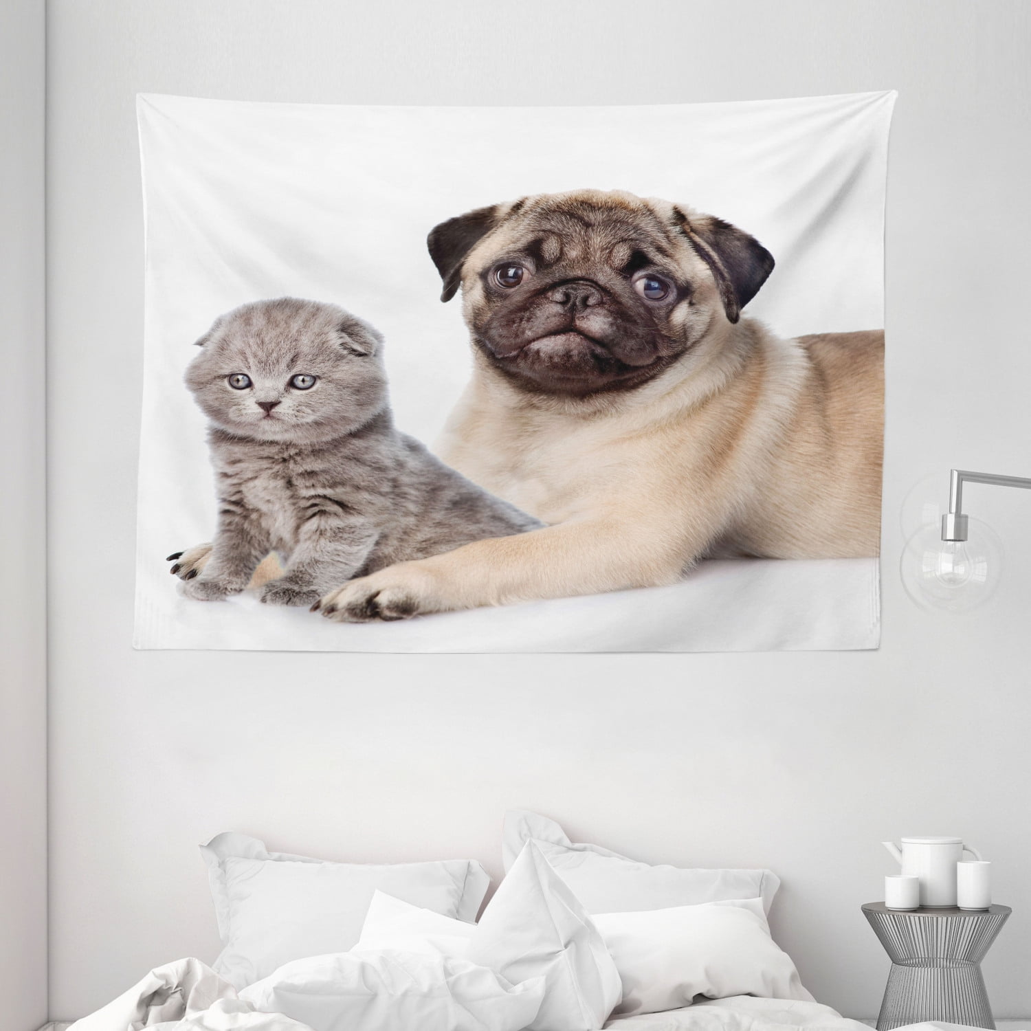 Pug Tapestry, Cute Young Pets Kitten and Puppy Pug Scottish Fold Animal ...