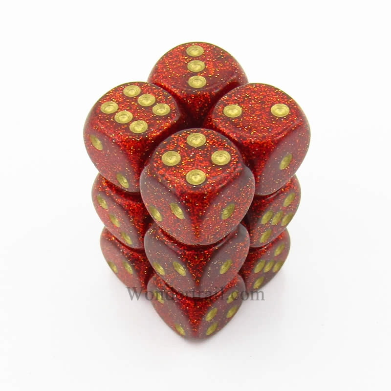 Ruby Glitter Dice with Gold Pips D6 16mm (5/8in) Pack of 12 Chessex ...