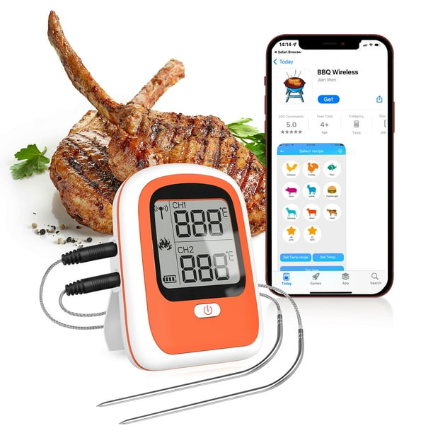 RUXAN Wireless Smart Meat Thermometer with 2 Probes,Timer,Alarm,Smart ...