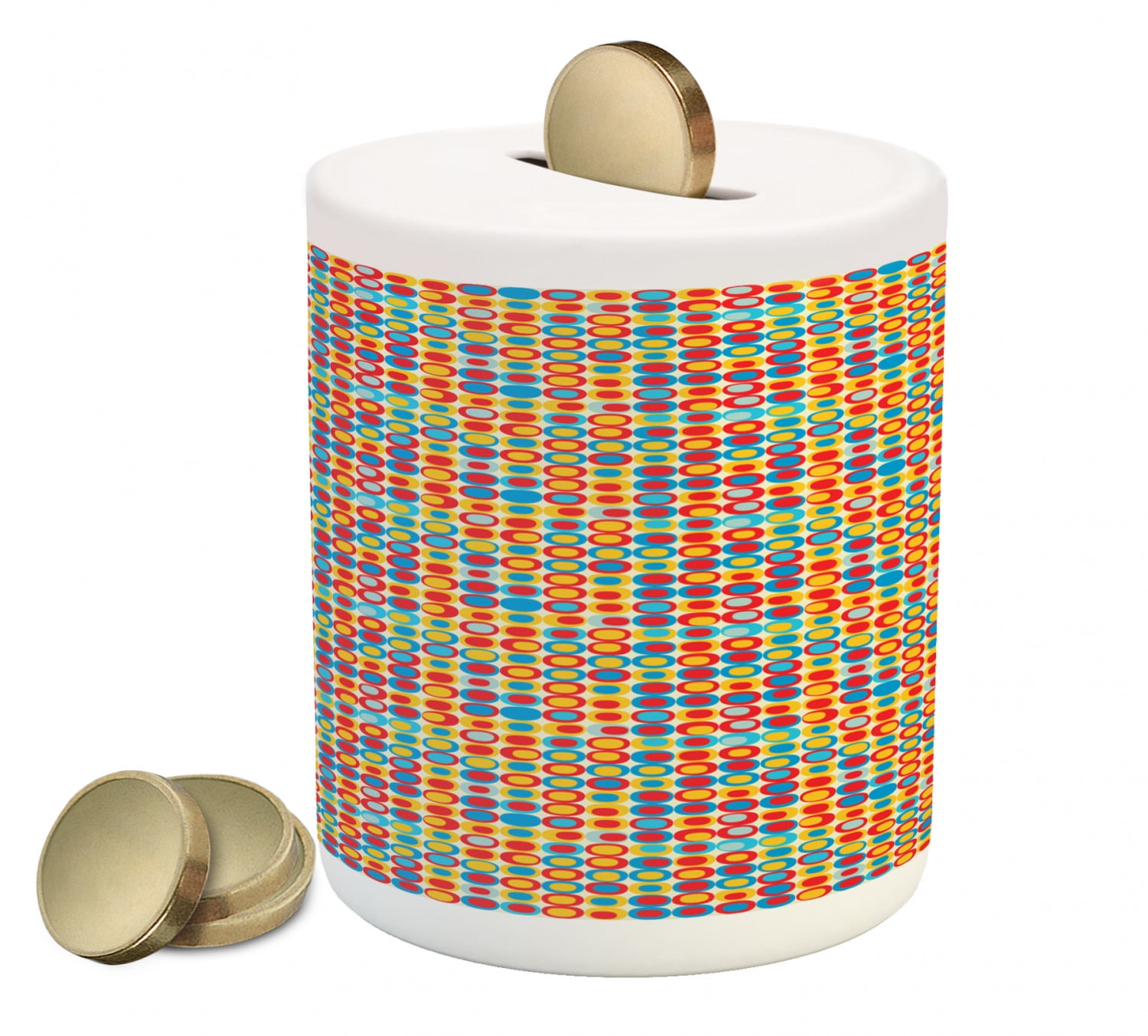 Cartoon Piggy Bank, Retro Style Circles with Grid Mosaic Pattern ...