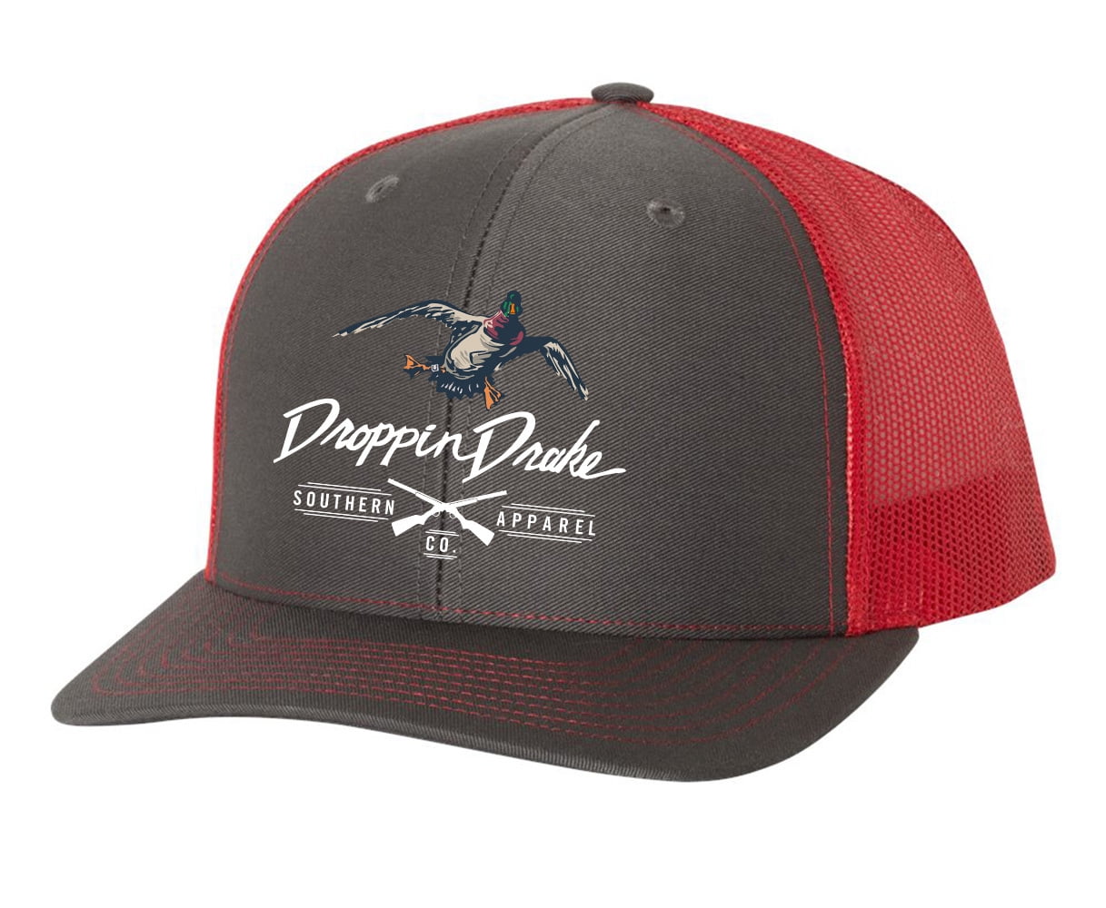 Droppin Drake Mallard Duck and Gun X Logo Mesh Back Trucker Hat ...