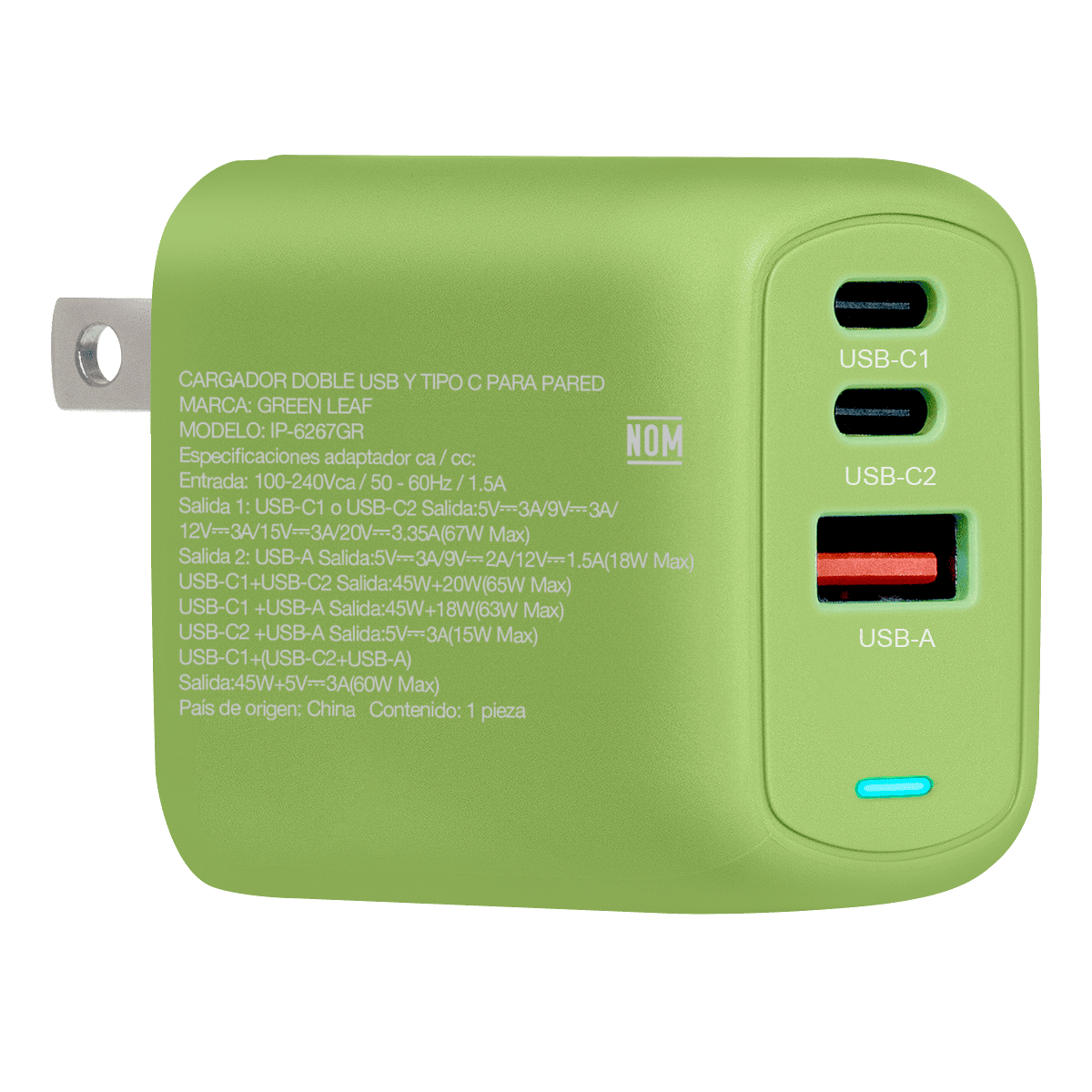 Cargador 1 USB 2 Tipo C 67W Carga Rápida Verde IP-6267GR | Bodega Aurrera en línea