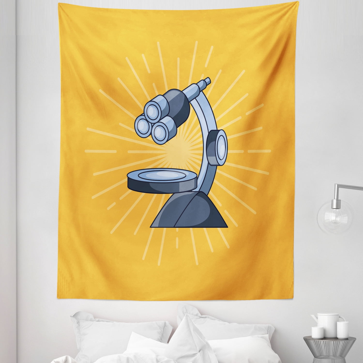 Science Tapestry, Cartoon Drawn Microscope Tool on Sunburst Examining ...