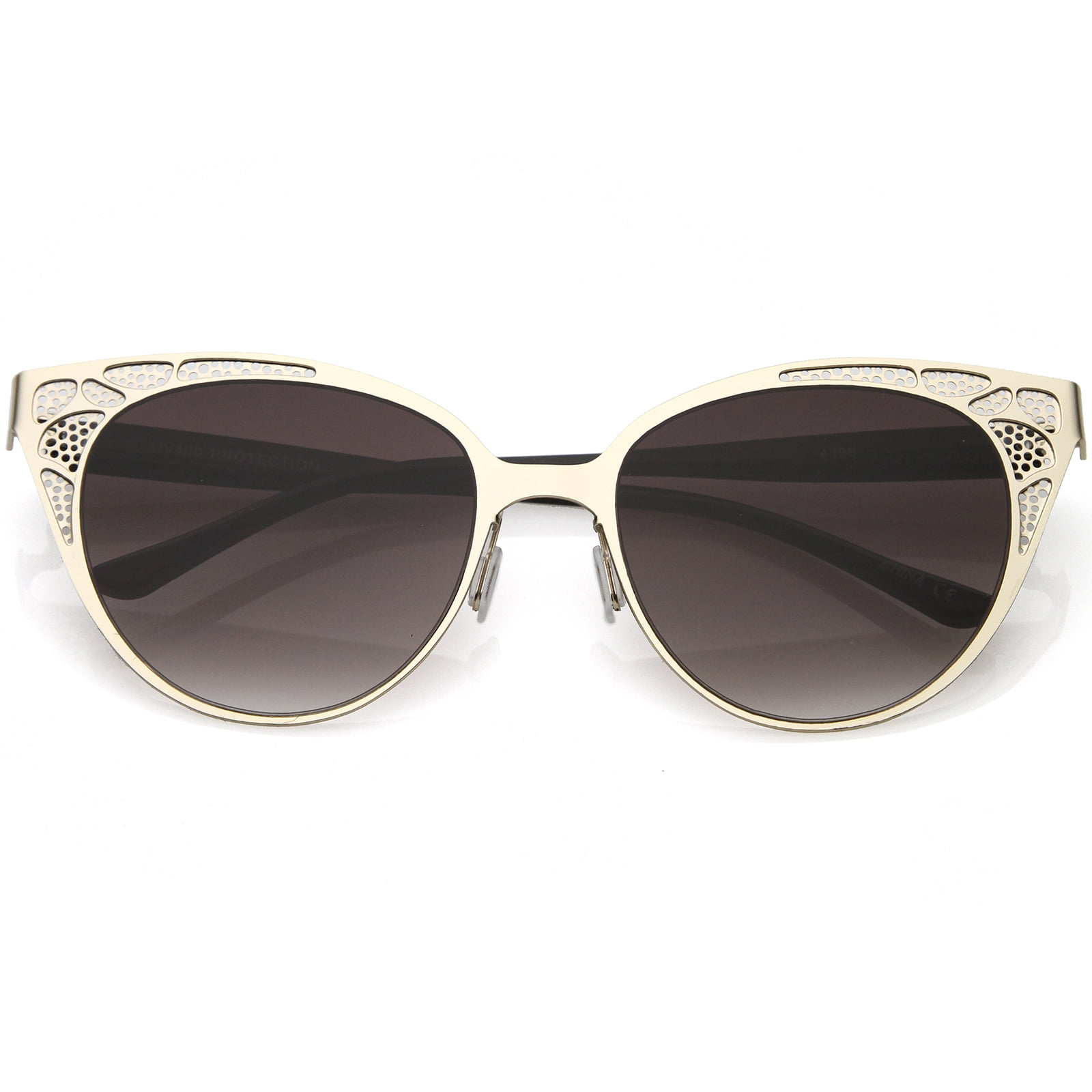 Retro Cat Eye Sunglasses Perforated Metal Oval Neutral Color Flat Lens