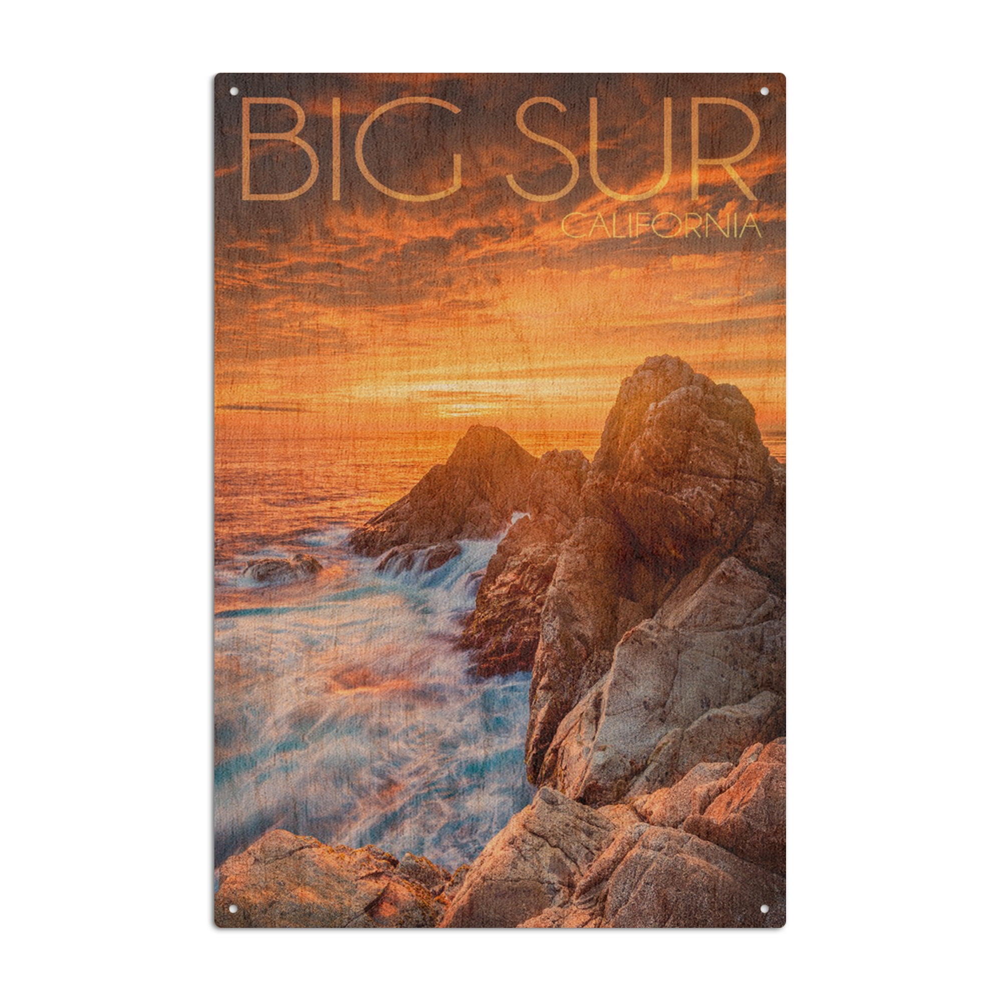 Big Sur, California, Rocks and Sunset Birch Wood Wall Sign (6x9 Rustic ...