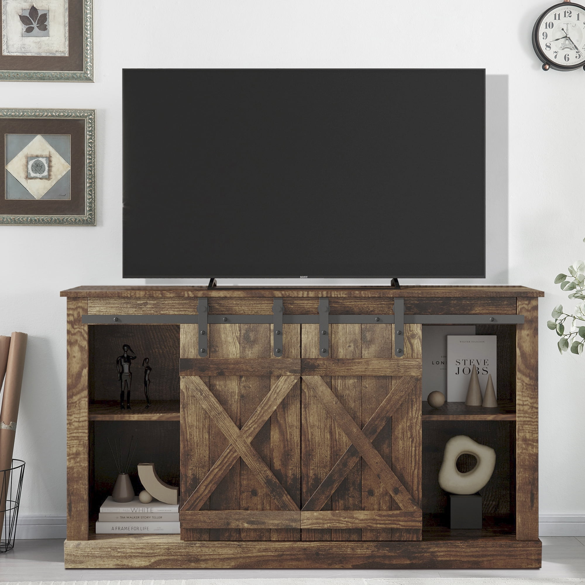 BTMWAY Farmhouse Barn Door TV Stand, Rustic Oak Sliding Barn Door TV ...