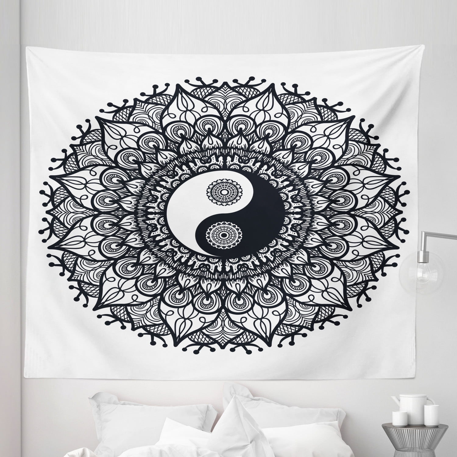 Ying Yang Tapestry, Bohemian Style Tao in Floral Mandala Design ...