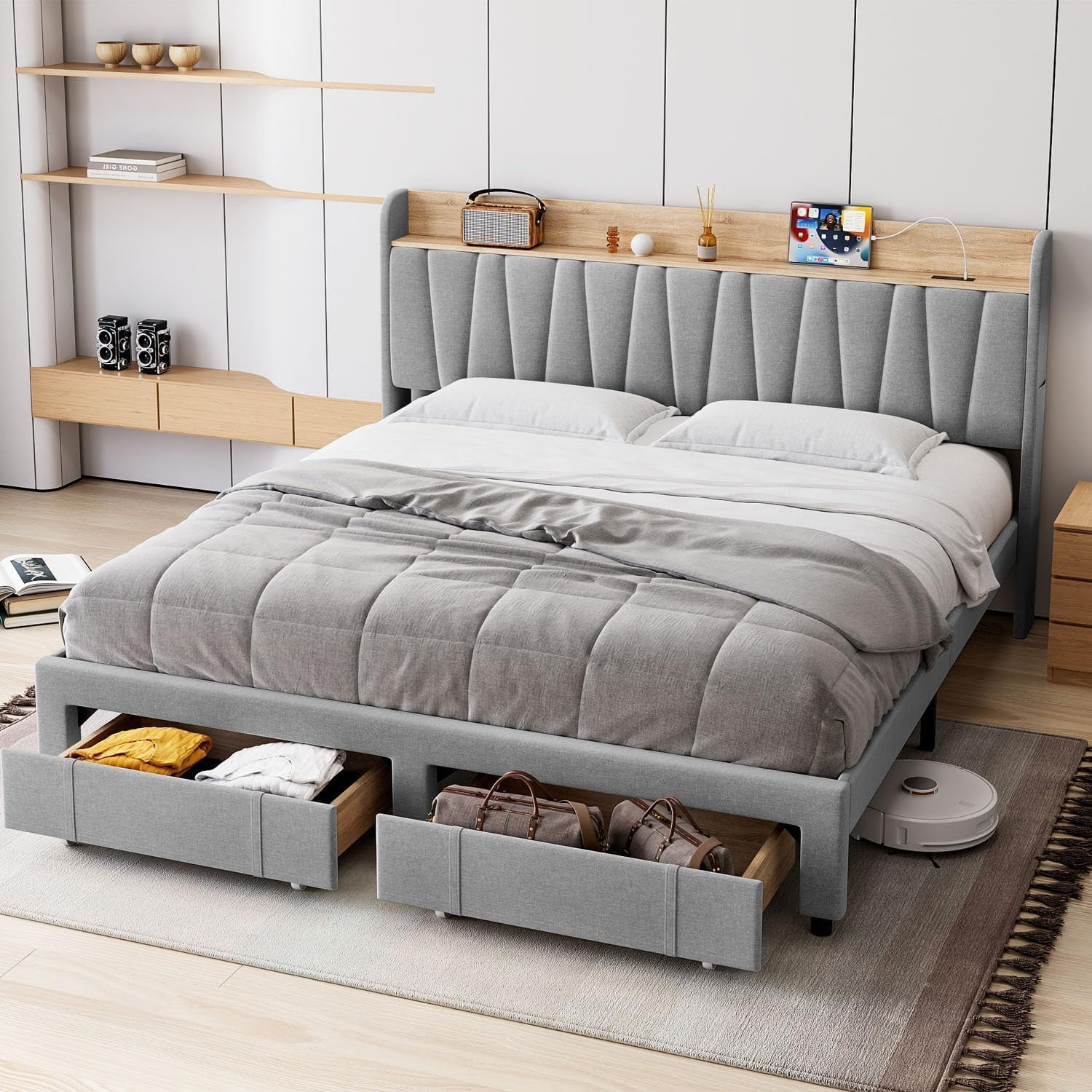 Click here for Bingirl King Size Bed Frame With Storage Headboard... prices
