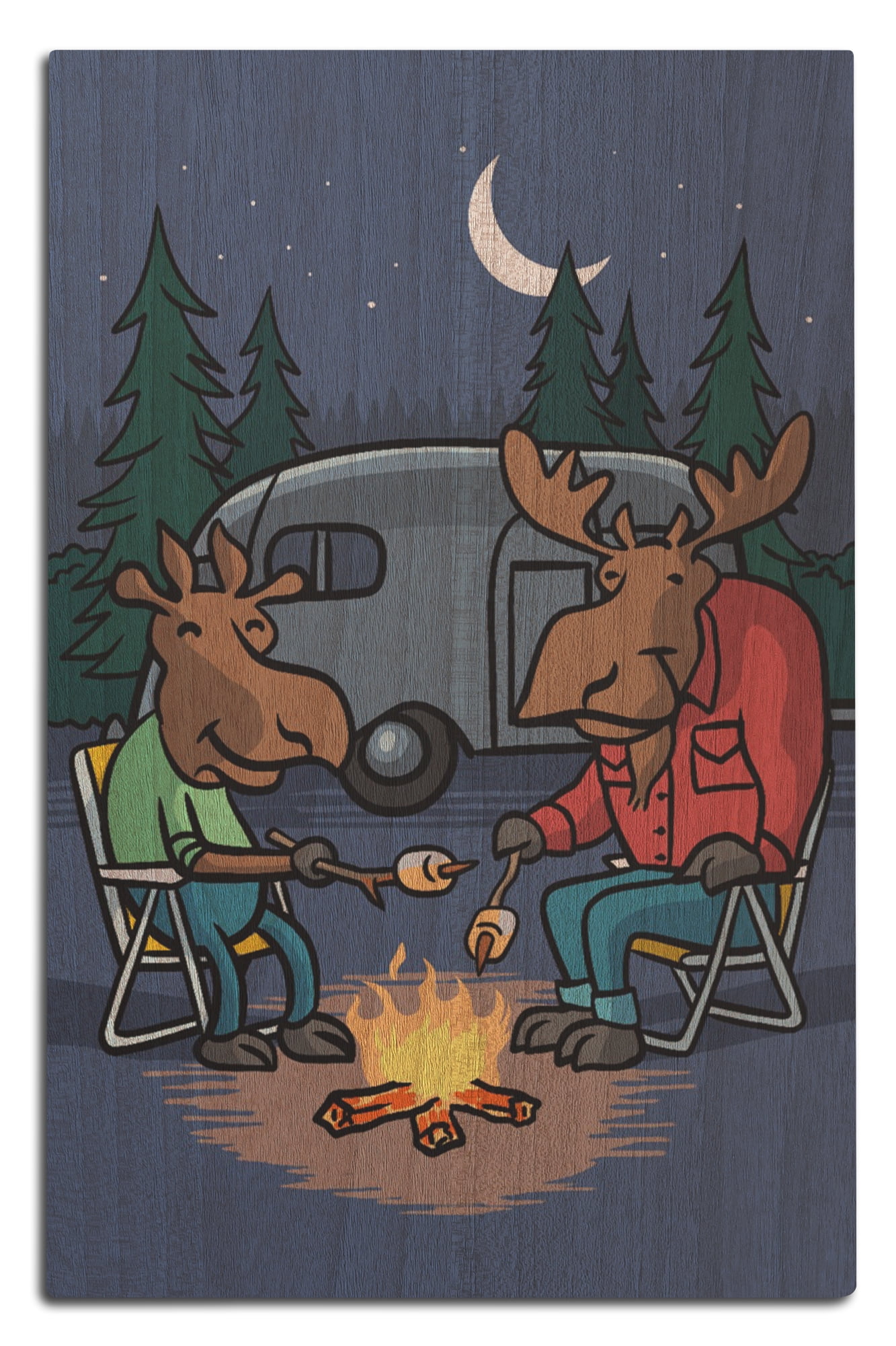 Moose Campout, Mid-Century Inspired, Campfire Birch Wood Wall Sign ...