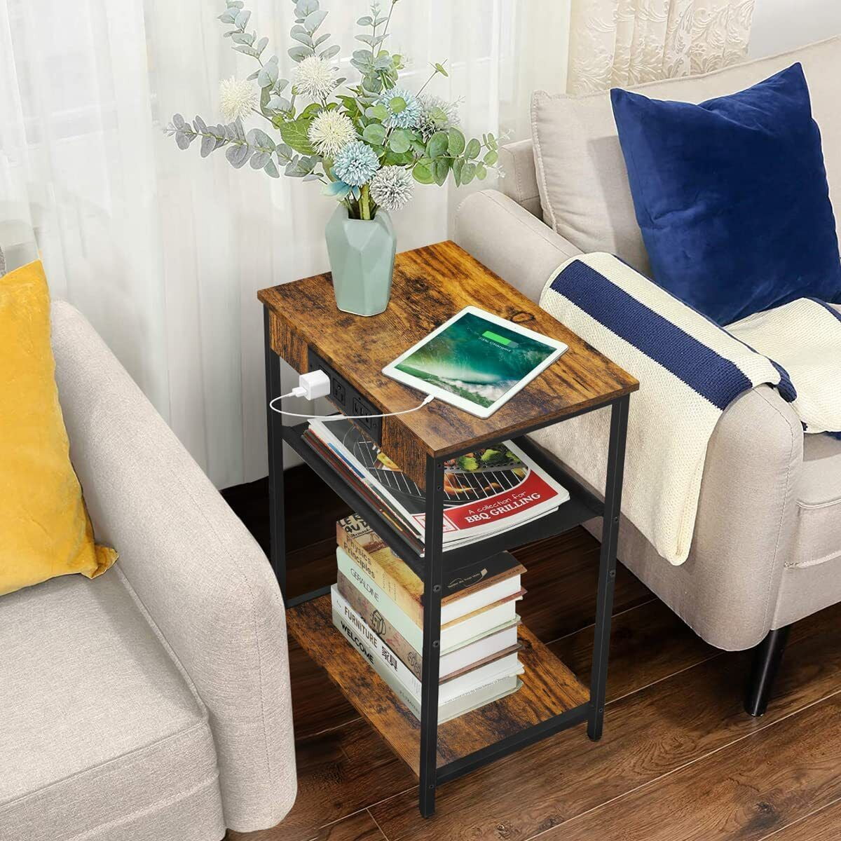 3 Tier Nightstand with Charging Station Narrow Side Table End Table Set ...