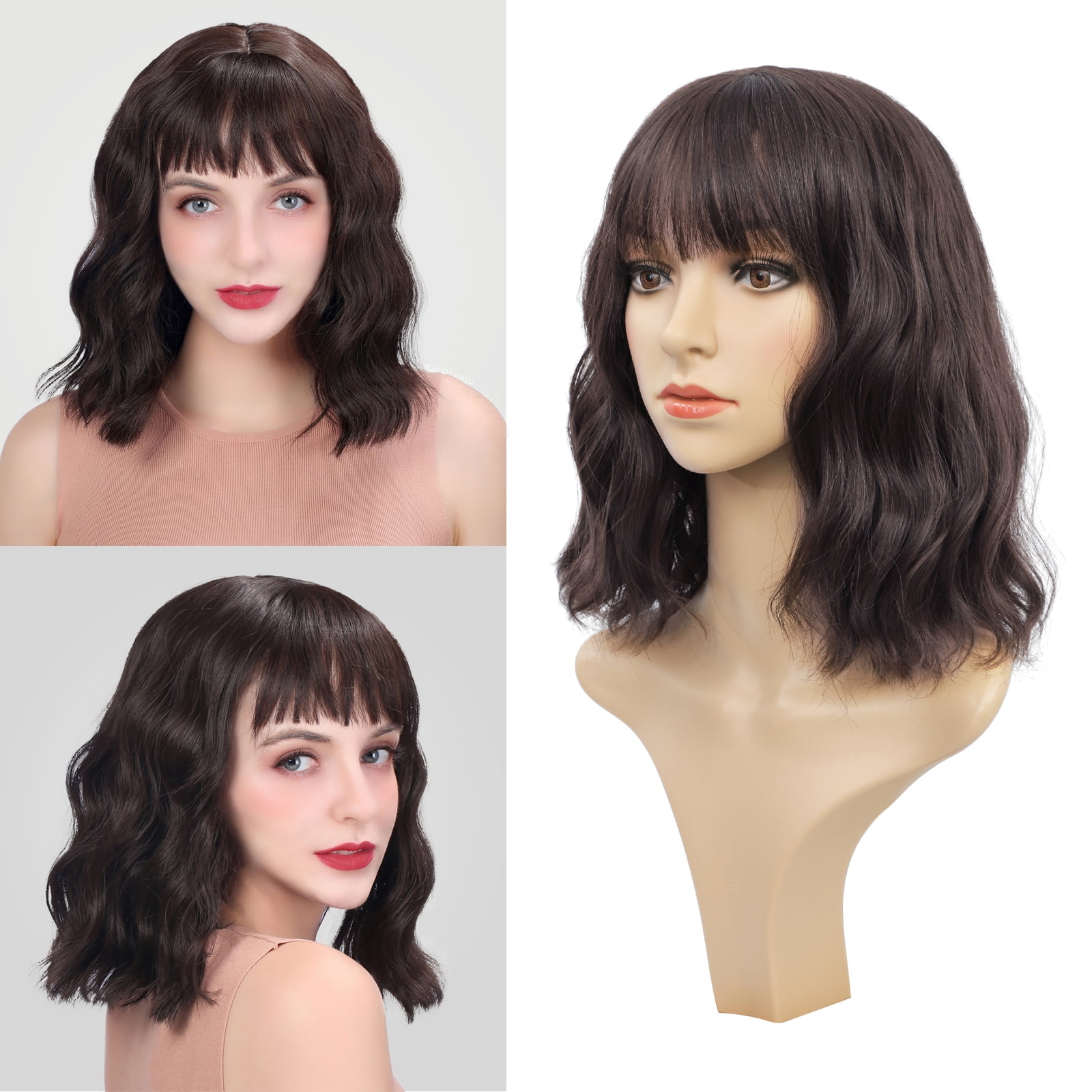 Morica Curly Bob Wig With Bangs 12 Inch Short Wavy Brown Wigs For Women Bang Wig Synthetic Wigs