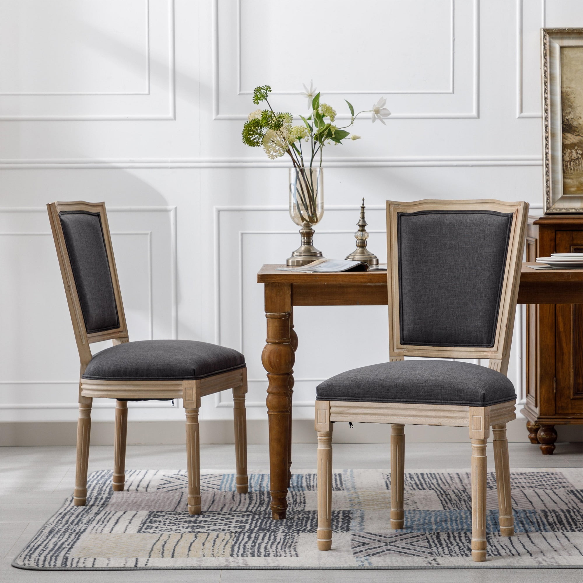 ZZZQ French Style Linen Fabric Square Rattan Back Dining Chair, Set of ...