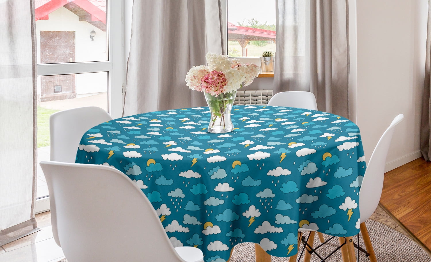 Nursery Round Tablecloth, Raindrops Clouds with Sun Stormy Weather ...