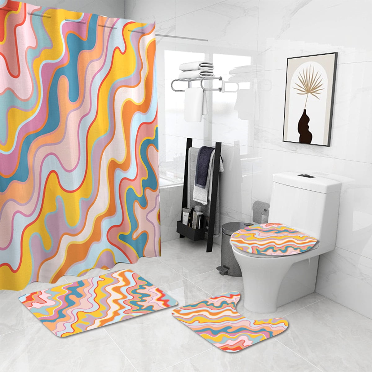 TOPTREE 4Pcs Waterproof Colourful Shower Curtain Set with 12 Hooks ...