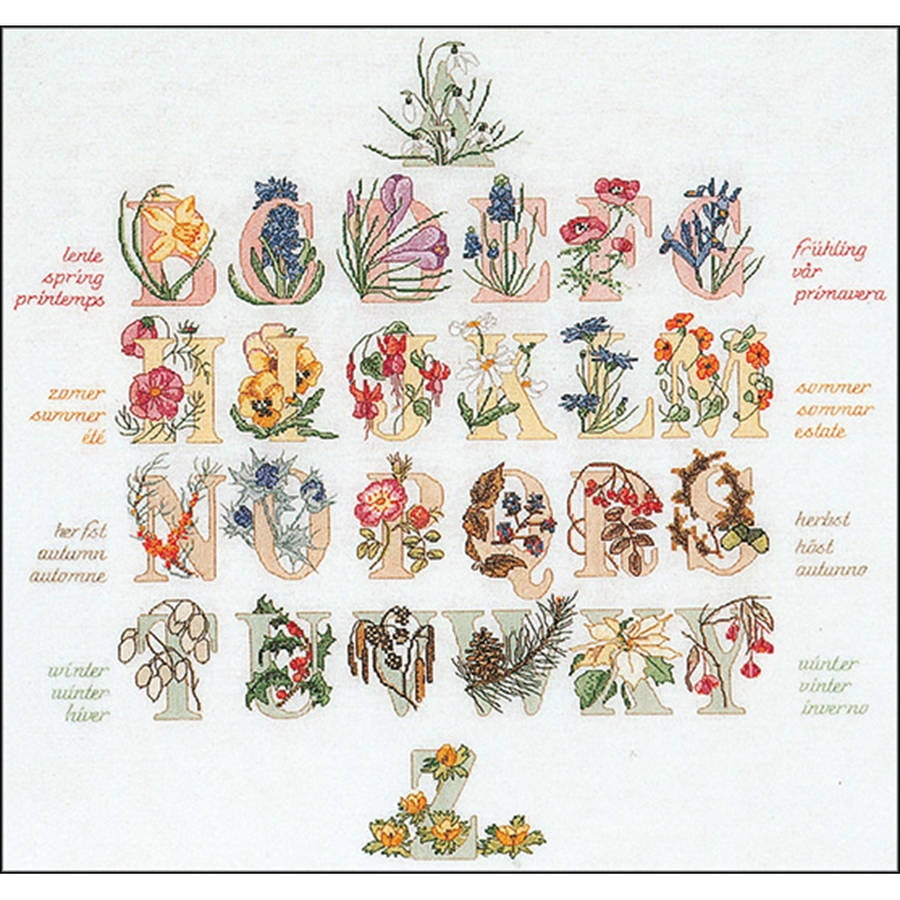 Floral Alphabet On Aida Counted Cross Stitch Kit, 23.5" x 22.5", 16 ...