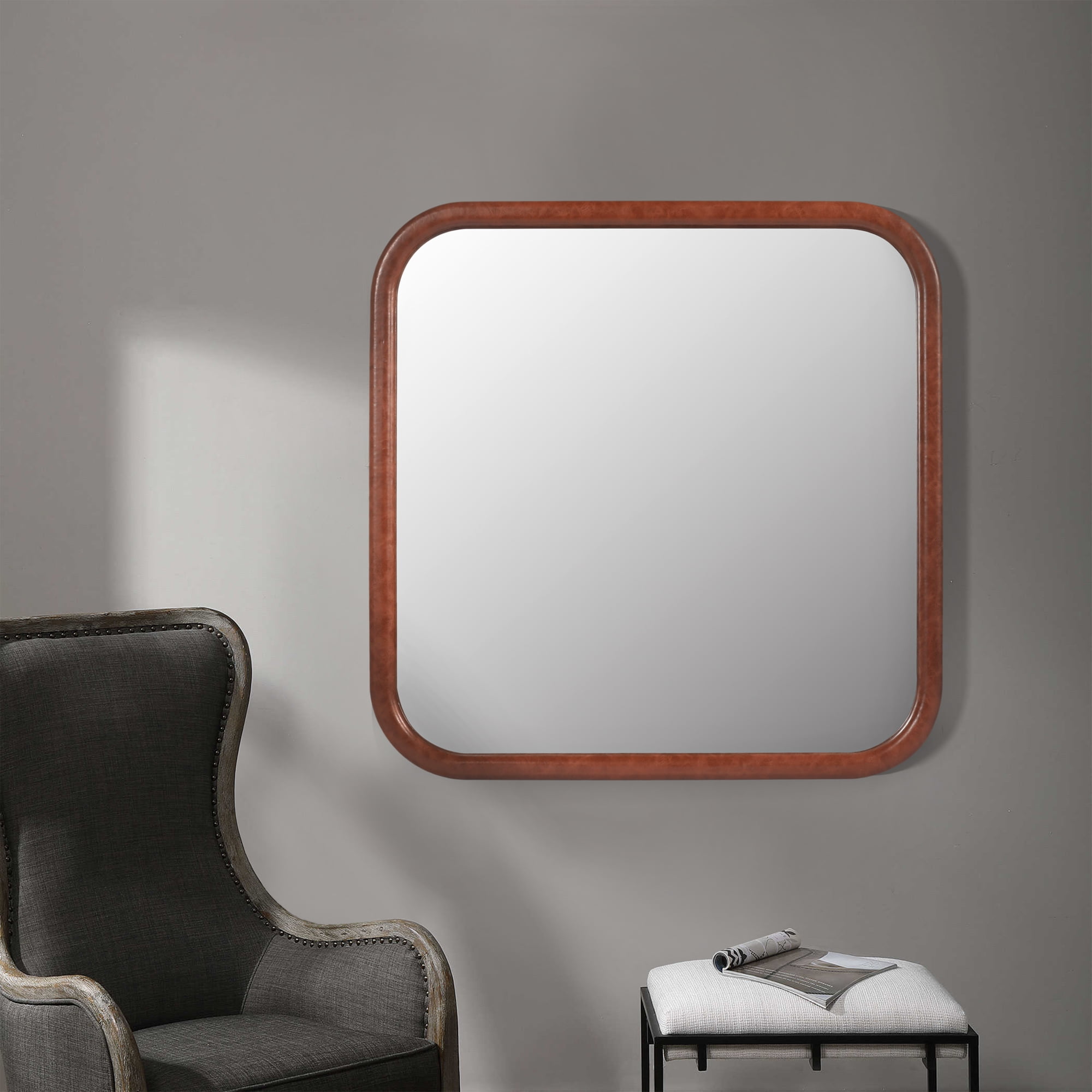 Clearance! Mordern Square Brown Decorative Wall Hanging Mirror,PU ...