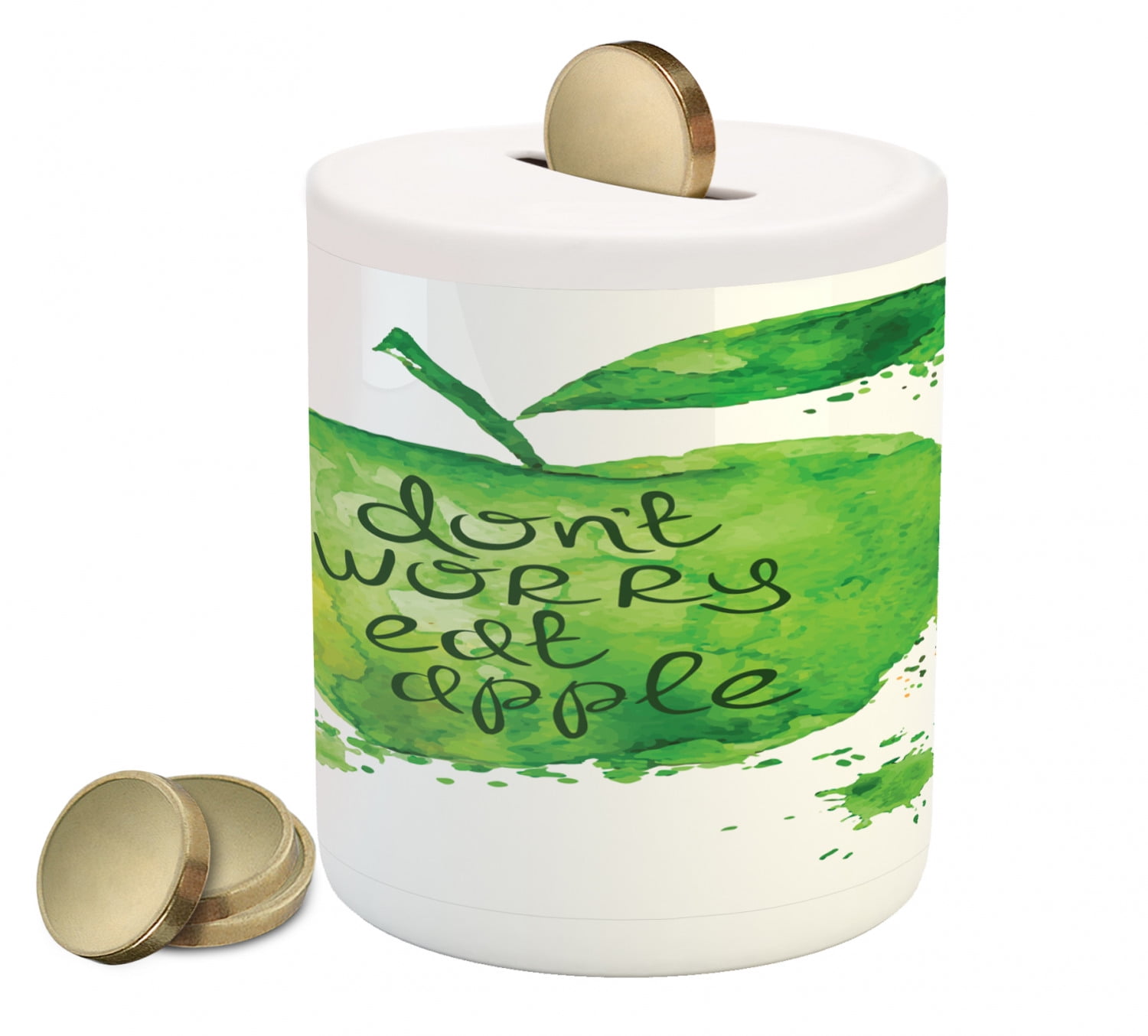 Fruit Piggy Bank, Dont Worry Eat Apple Words on Watercolor Green Fruit ...