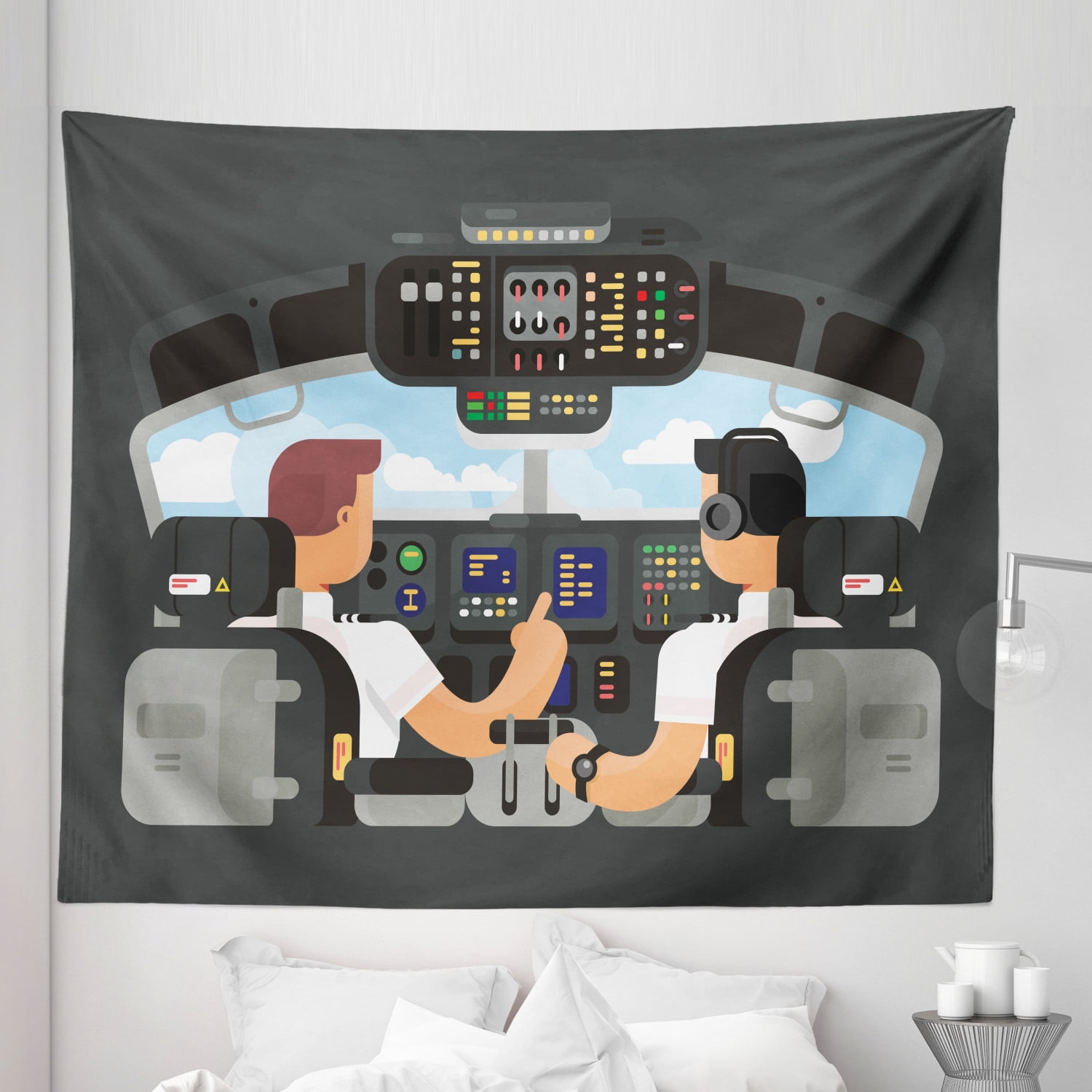 Airplane Cockpit Tapestry, Modern Illustration Aircraft Captian Command ...
