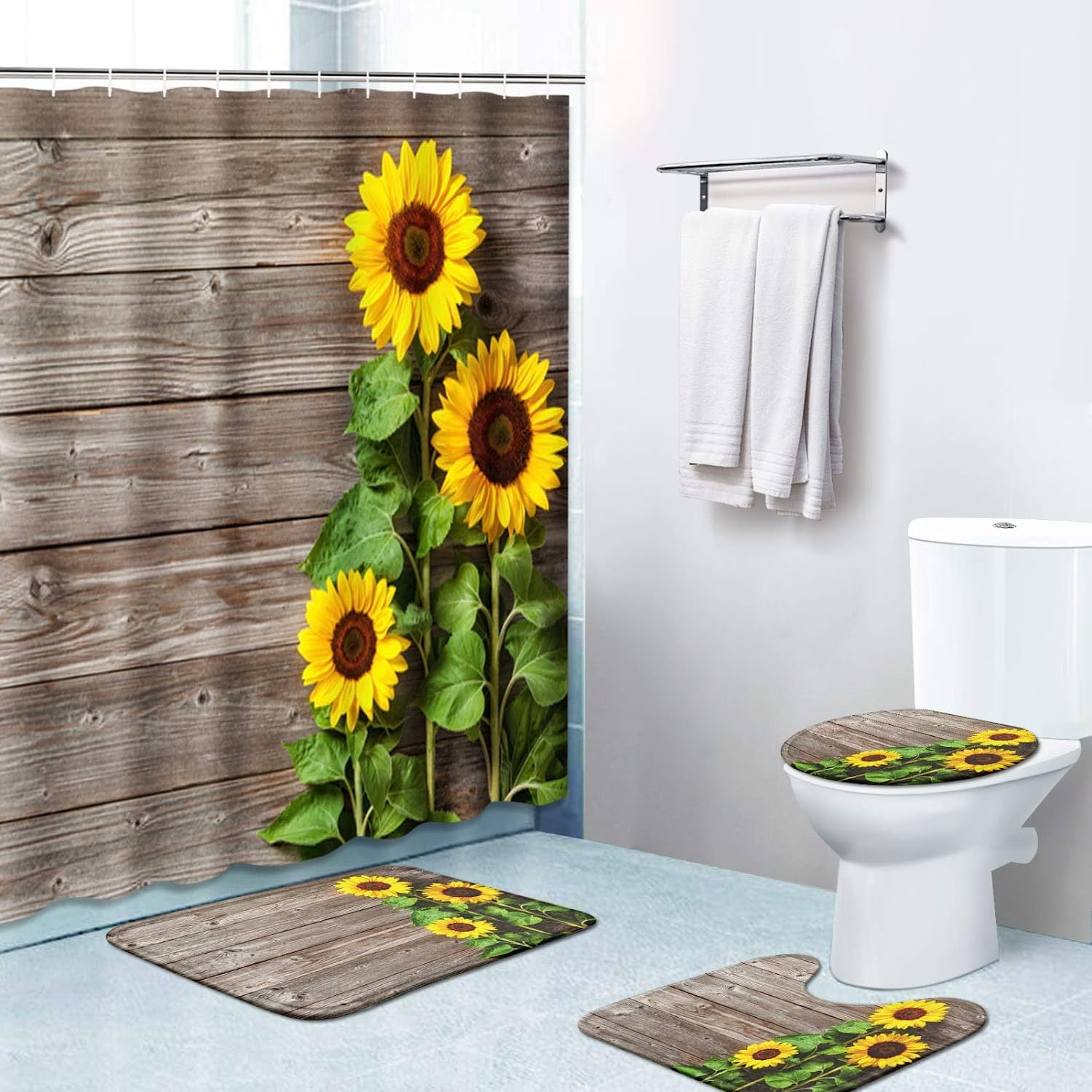 ZHANZZK Sunflowers Wooden Board 4 Piece Bathroom Set Shower Curtain ...