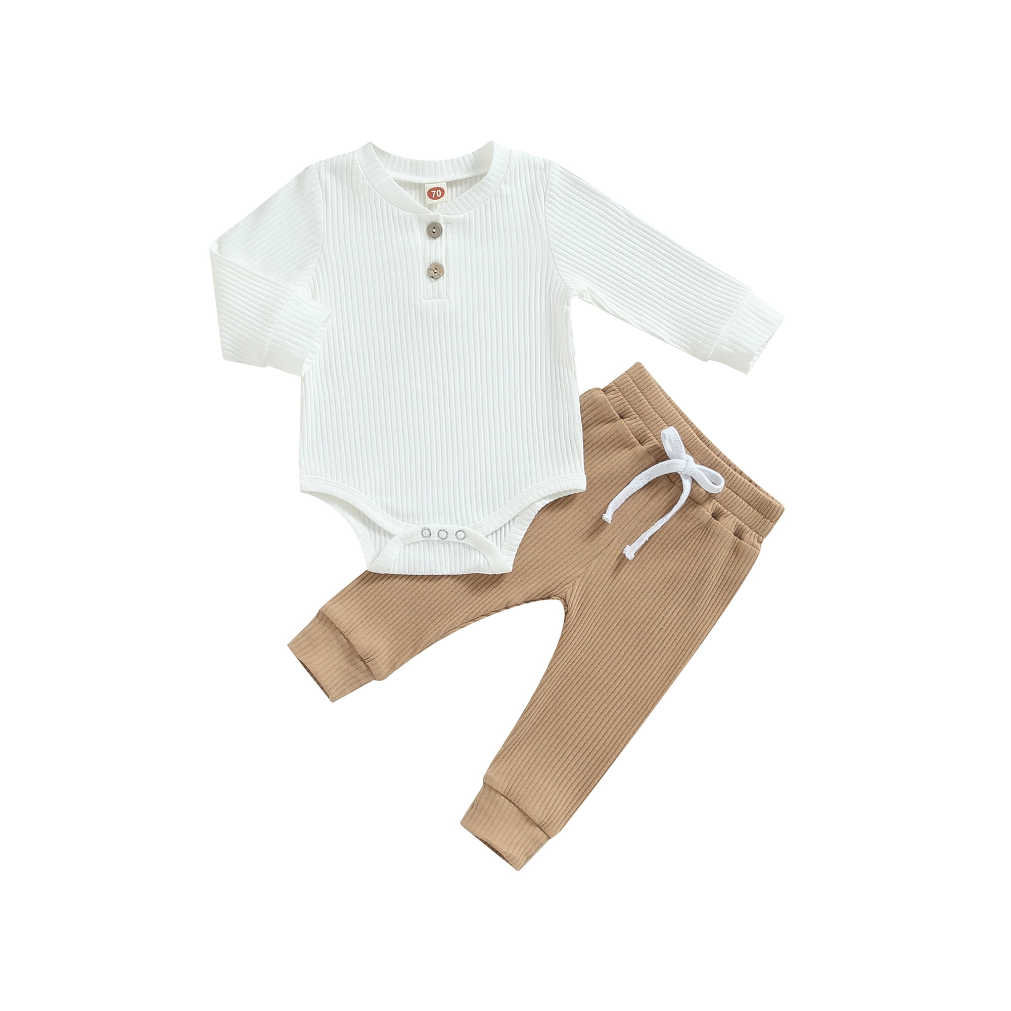 Xiaxaixu Baby Boy 2 Piece Outfit Solid Color Ribbed Button Long Sleeve Rompers And Elastic Pants Fall Spring Clothes