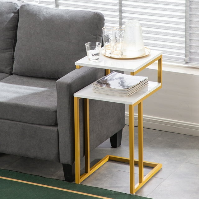 Gzxs Modern Side Table 2-Layers End Table, White Top Gold Frame ...