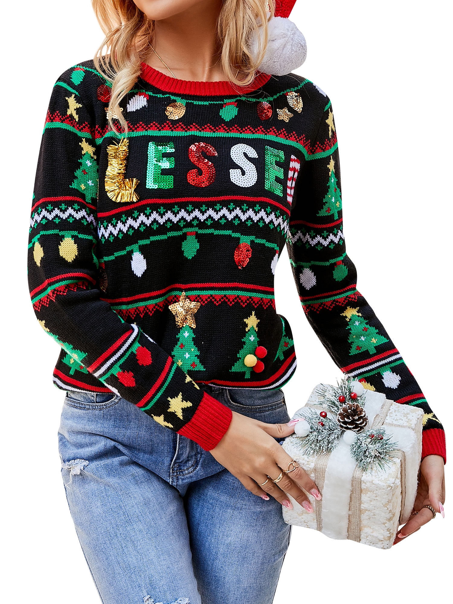 HUBERY Women Christmas Sequin Color Block Crew Neck Long Sleeve Ribbed ...
