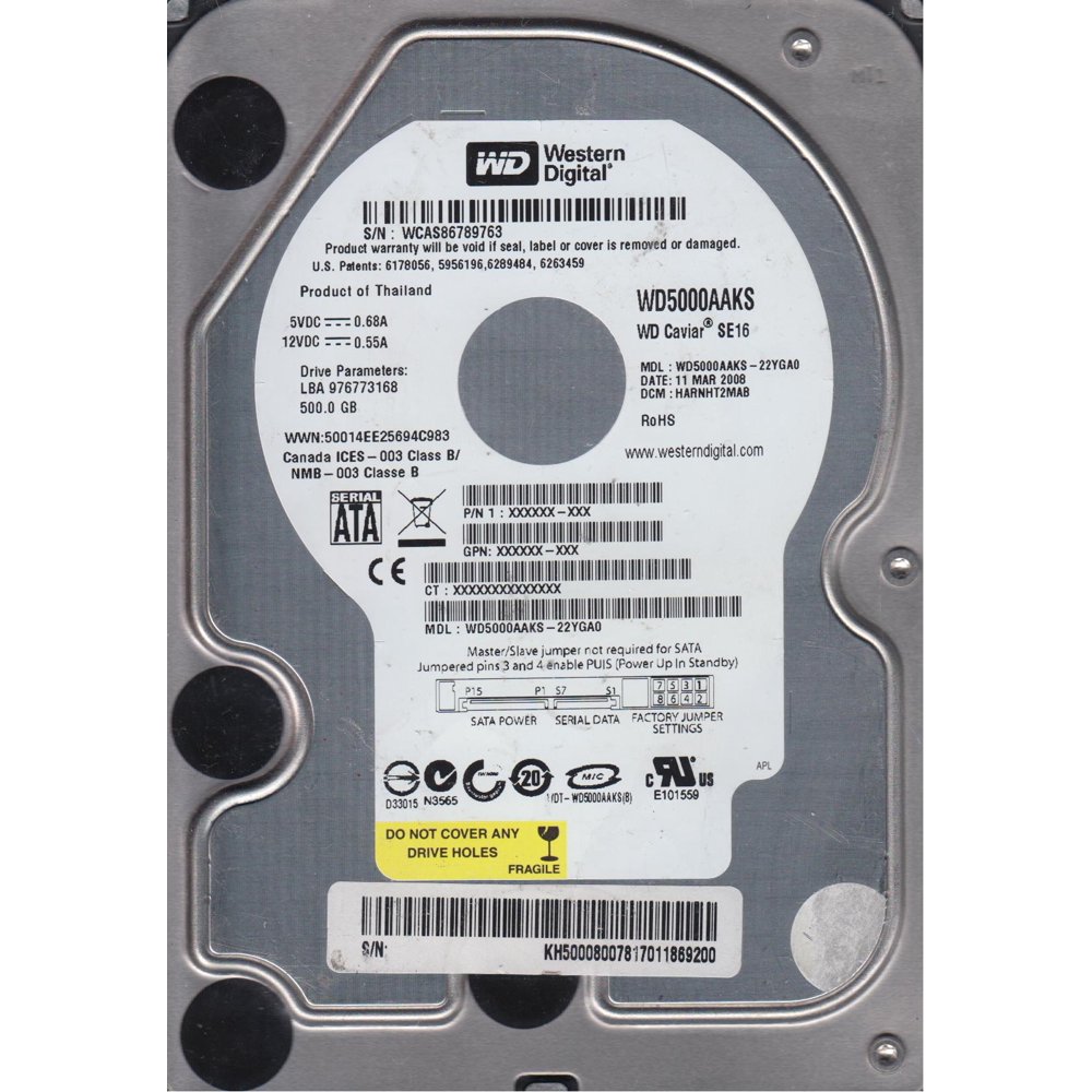 WD5000AAKS-22YGA0, DCM HARNHT2MAB, Western Digital 500GB SATA 3.5 Hard ...